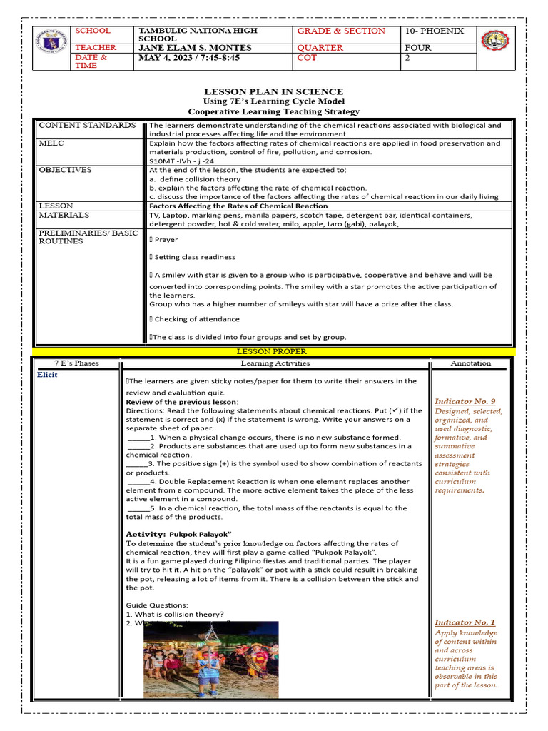CO2 7 E's LESSON PLAN Factors Affecting The Rates of Chemical Reaction ...