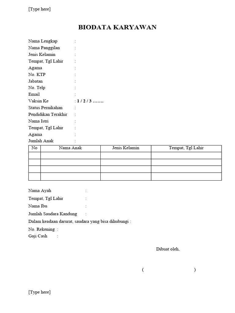 Form Biodata Karyawan | PDF