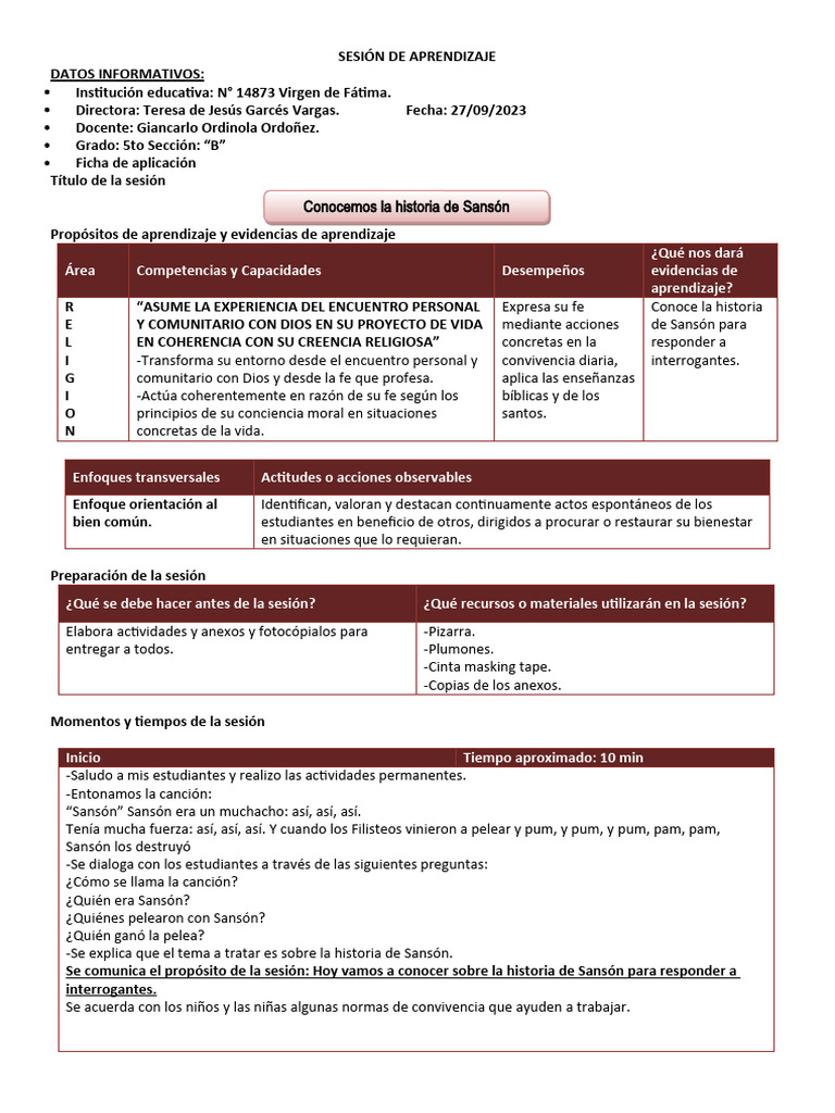 SESIÓN de APRENDIZAJE Conocemos La Historia de Sansón | PDF SESIÓN de APRENDIZAJE Conocemos La Historia de Sansón | PDF