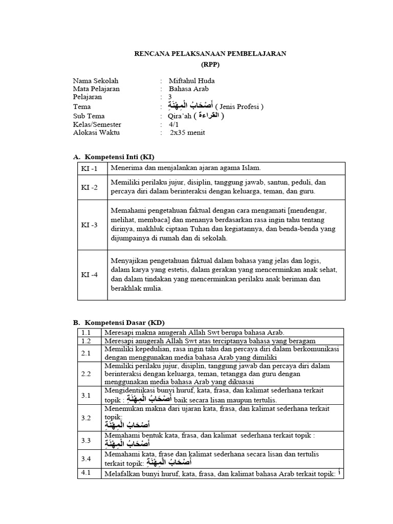 RPP Bahasa Arab Kelas 4 Semester 1 Tema 3 | PDF | Karier & Perkembangan | Seni & Disiplin Bahasa