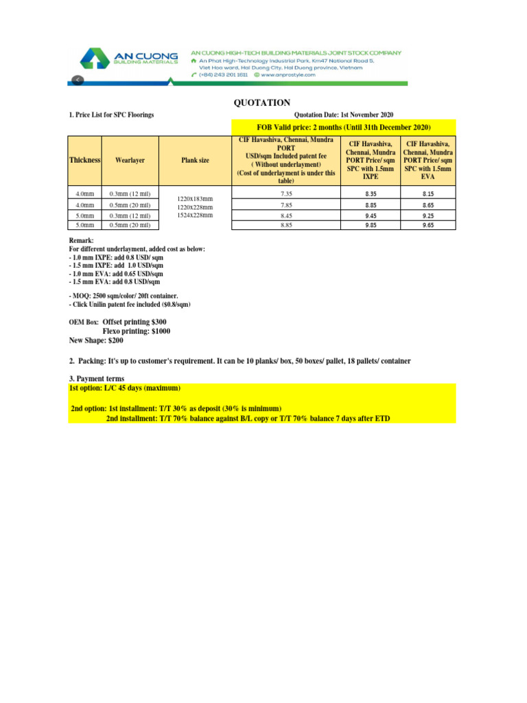 Quotation CIF Havashiva, Chennai, Mundra Valid until 31 Dec 2020 | PDF ...