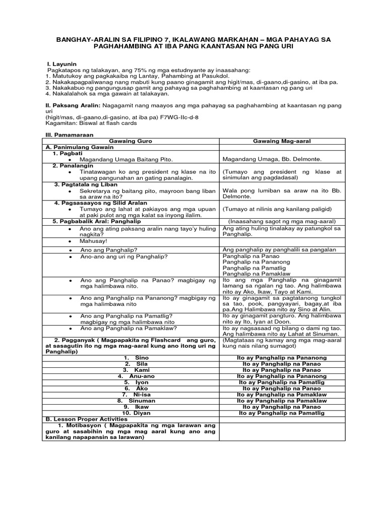 Banghay Aralin Sa Filipino 7 | PDF