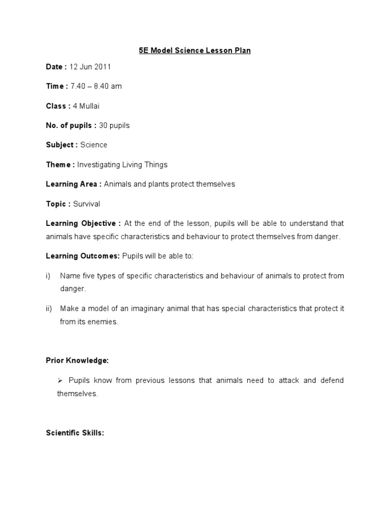5E Lesson Plan: Animal Survival Skills | PDF | Lesson Plan | Action ...