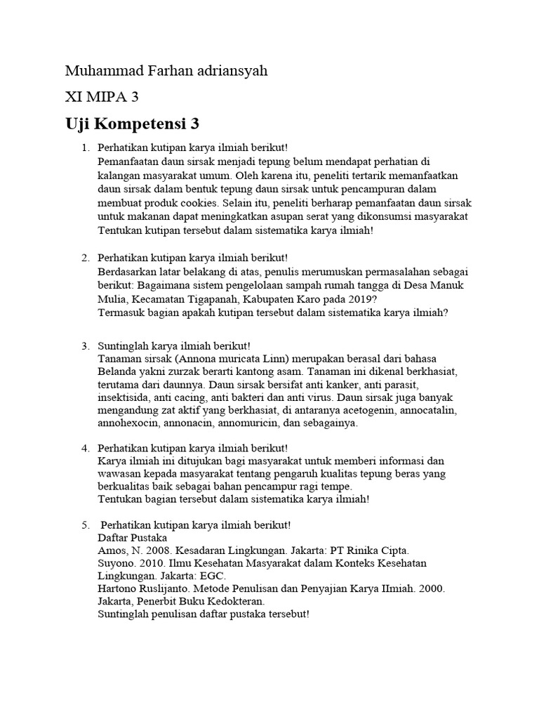 Uji Kompetensi 3: Muhammad Farhan Adriansyah Xi Mipa 3 | PDF