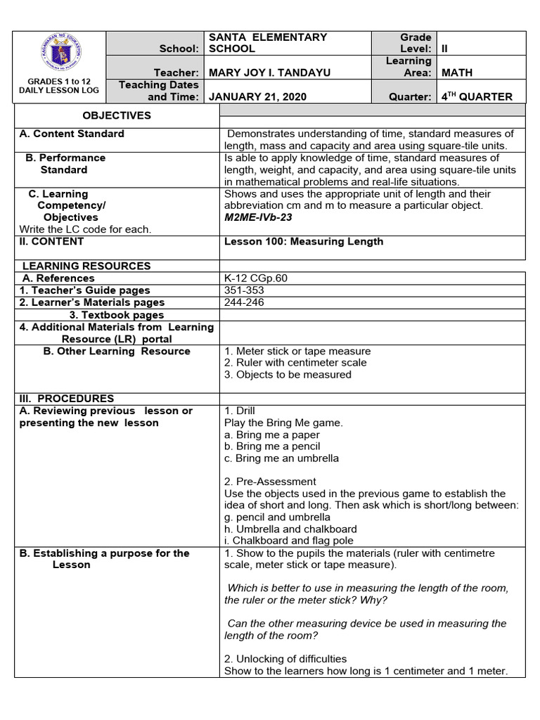 q4 Math 2 Measuring Length DLP | PDF | Teachers | Learning