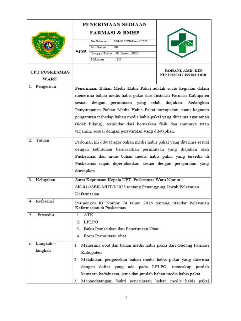 SOP Penerimaan Kebutuhan Obat Dan BHP | PDF | Pengembangan Diri | Kesehatan Holistik