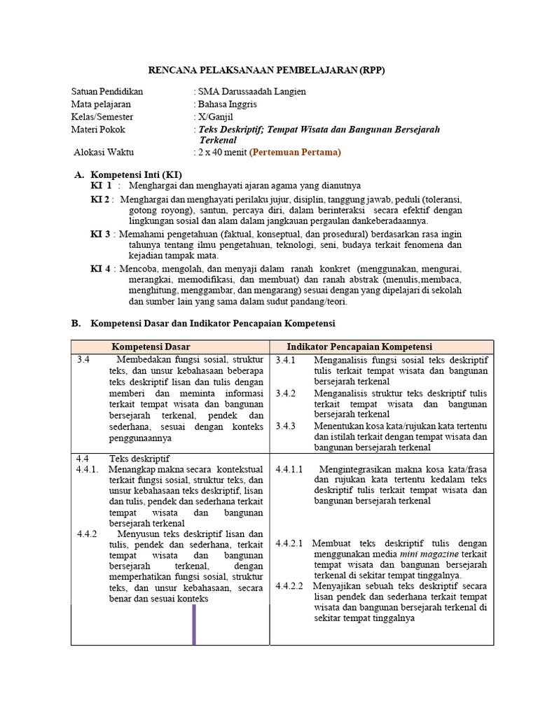 RPP Mapel Bahasa Inggris Teks Deskriptif Kelas X | PDF