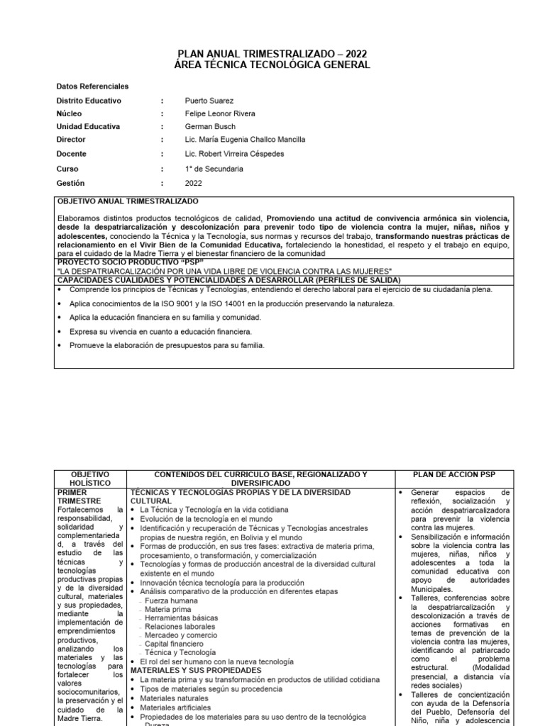 PLAN ANUAL TRIMESTRALIZADO DEL PRIMERO TECNOLOGIA de Secundaria LIC ... PLAN ANUAL TRIMESTRALIZADO DEL PRIMERO TECNOLOGIA de Secundaria LIC ...