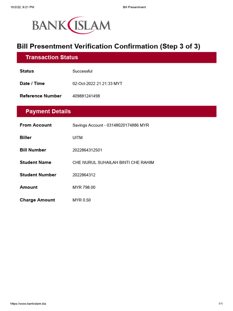 Bill Payment Confirmation - Bank Islam | PDF