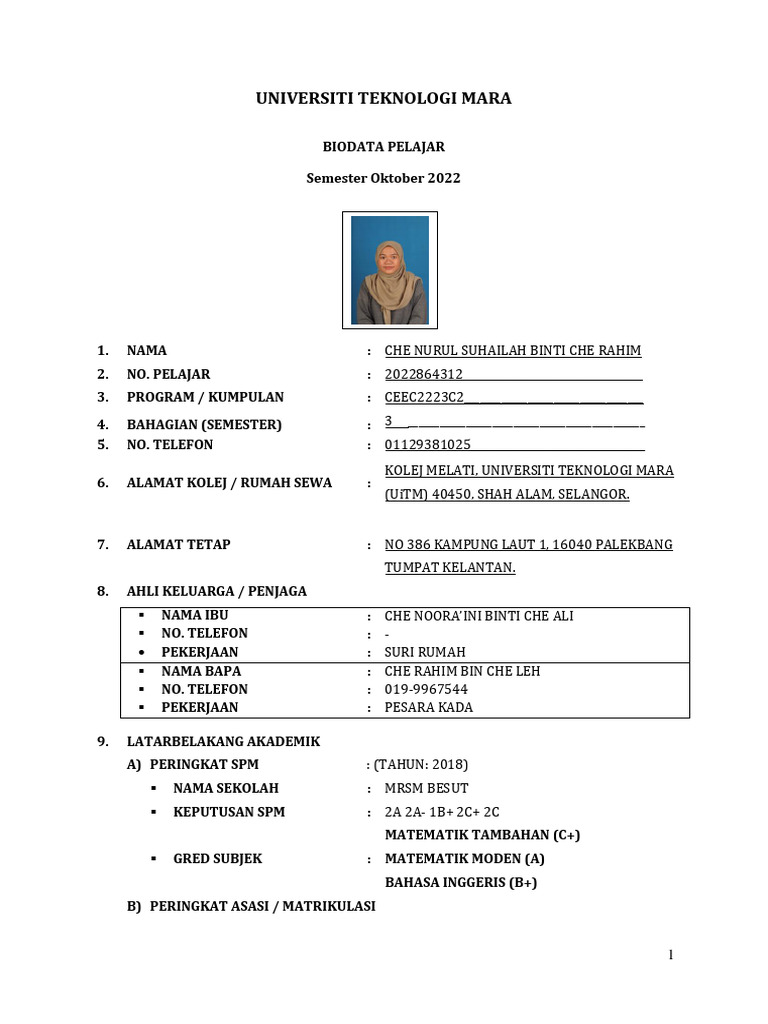 Borang Biodata Pelajar (Mat455) | PDF