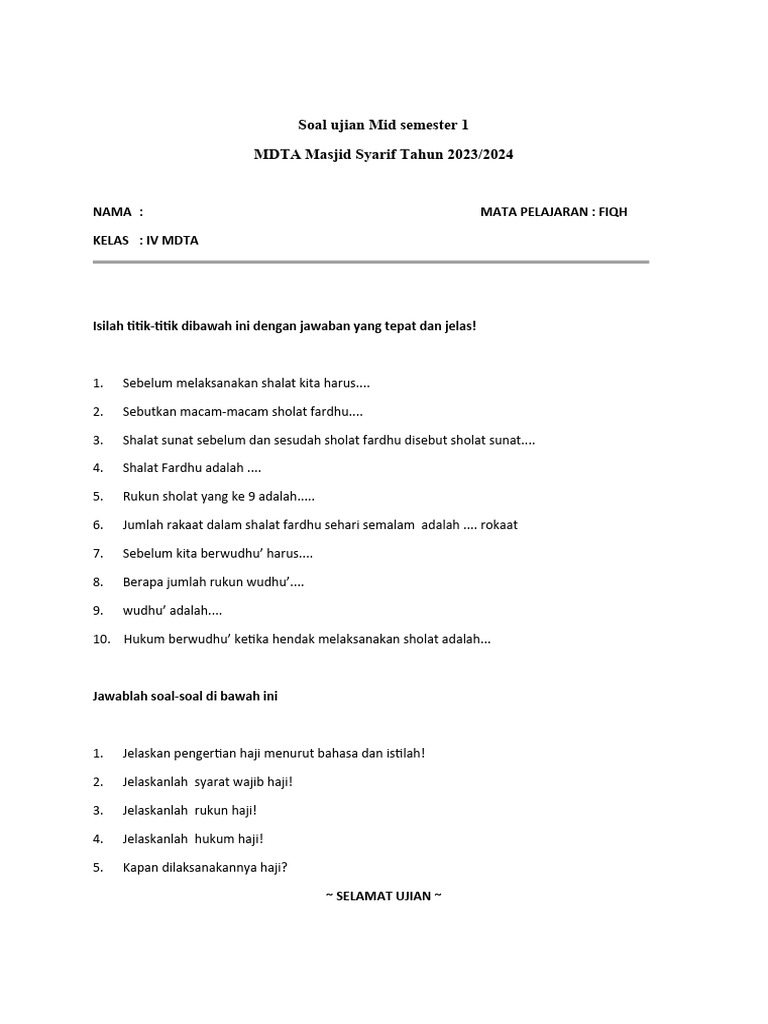 Soal Ujian Mid MDTA Semester 1FIQH | PDF