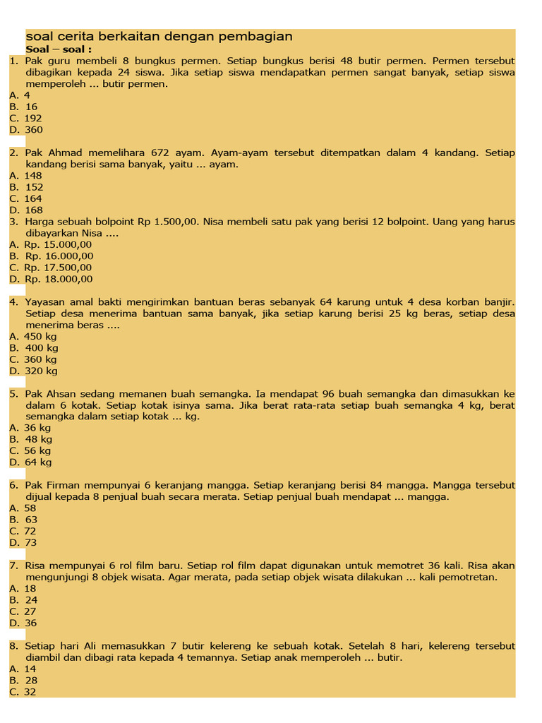 Soal Cerita Berkaitan Dengan Pembagian Dan Perkalian | PDF | Griya & Taman