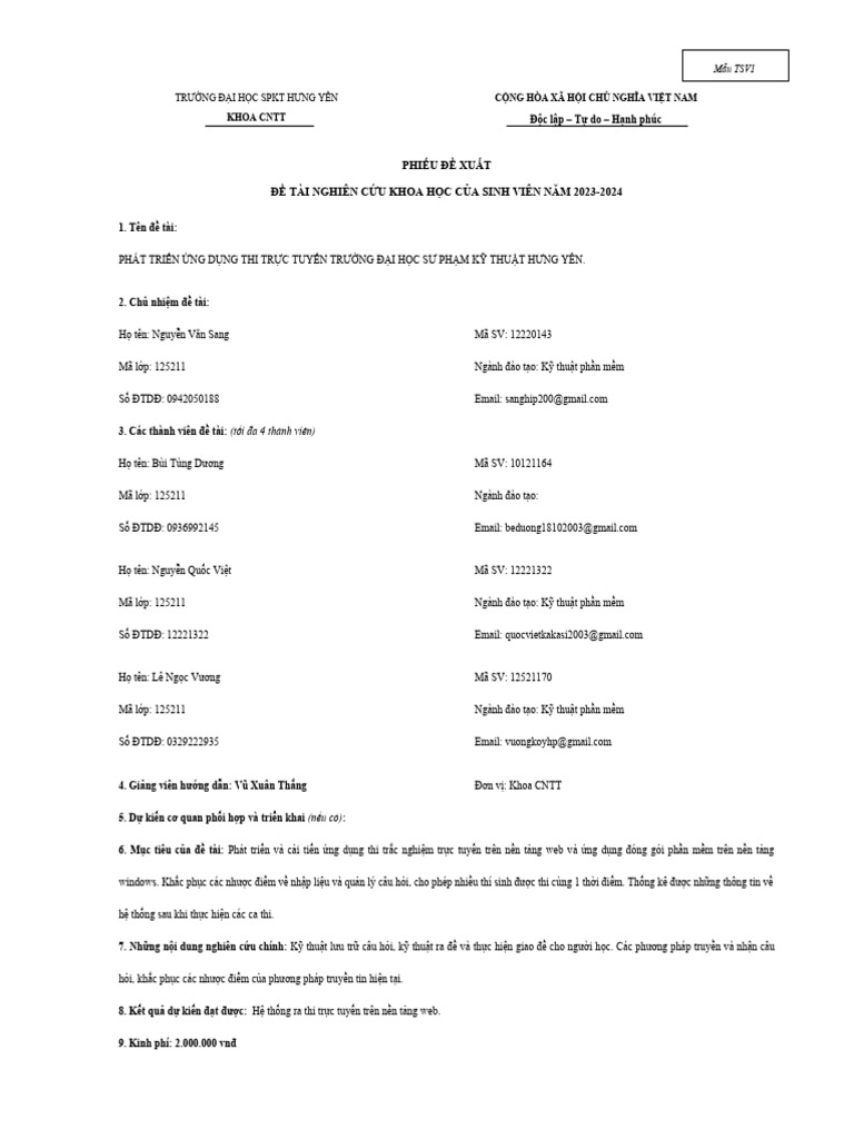 TSV1. Phieu de Xuat de Tai NCKH Cua Sinh Vien | PDF