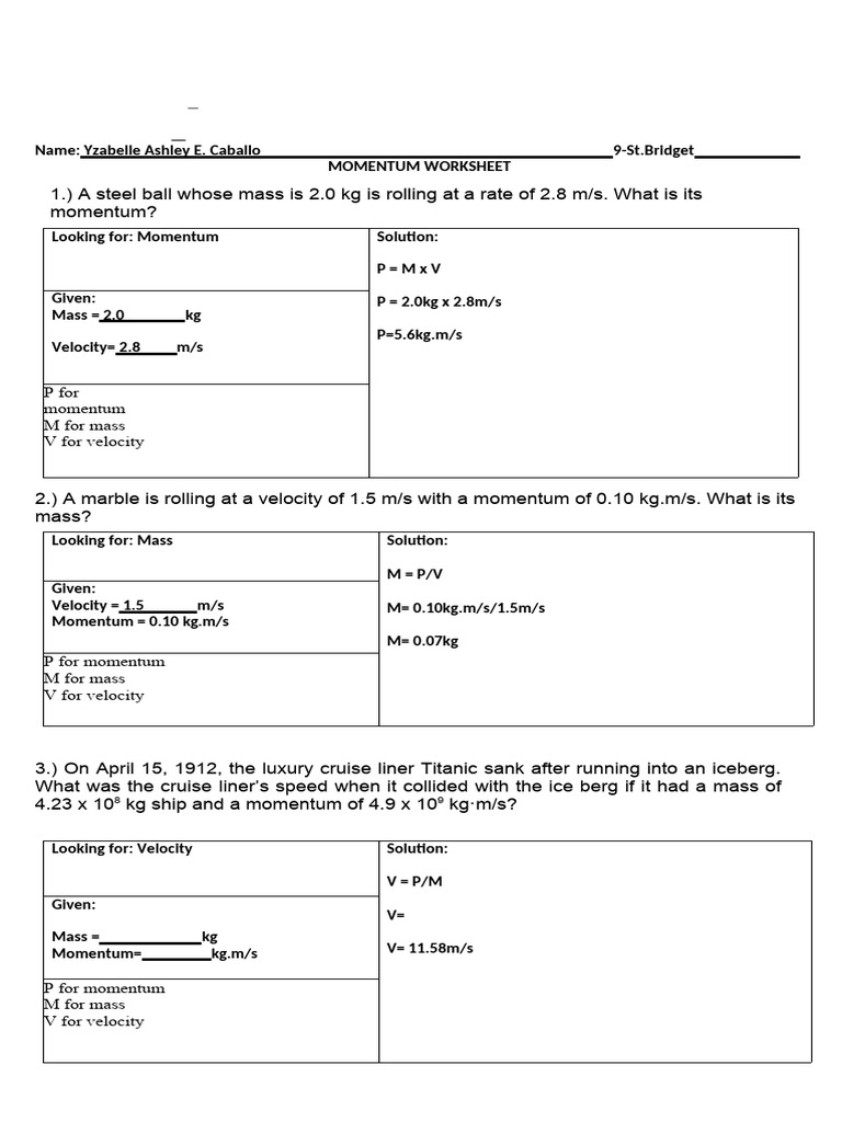 Momentum Worksheet 2022 | PDF