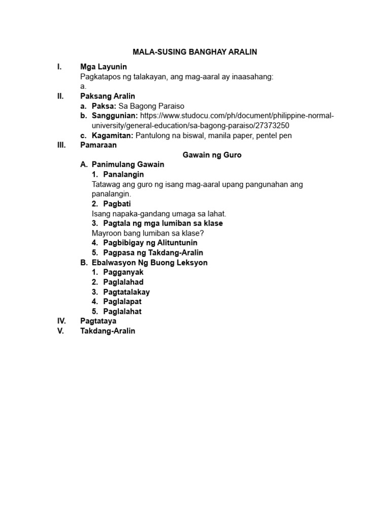 Banghay Aralin - Bagong Paraiso | PDF