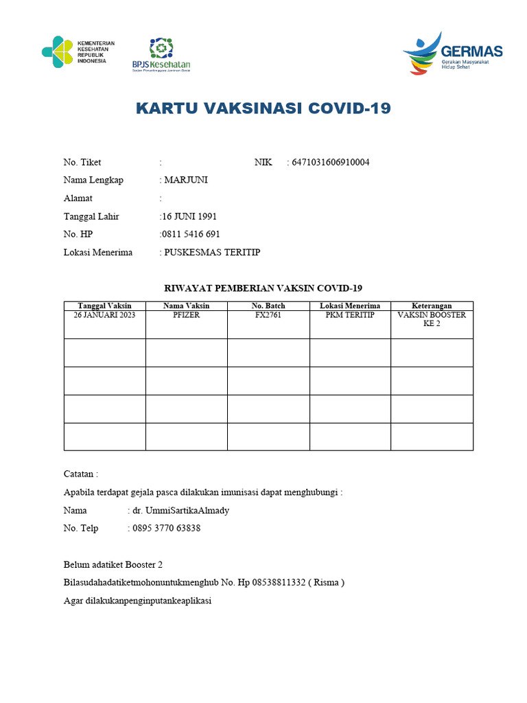 Form Kartu Vaksin | PDF Form Kartu Vaksin | PDF