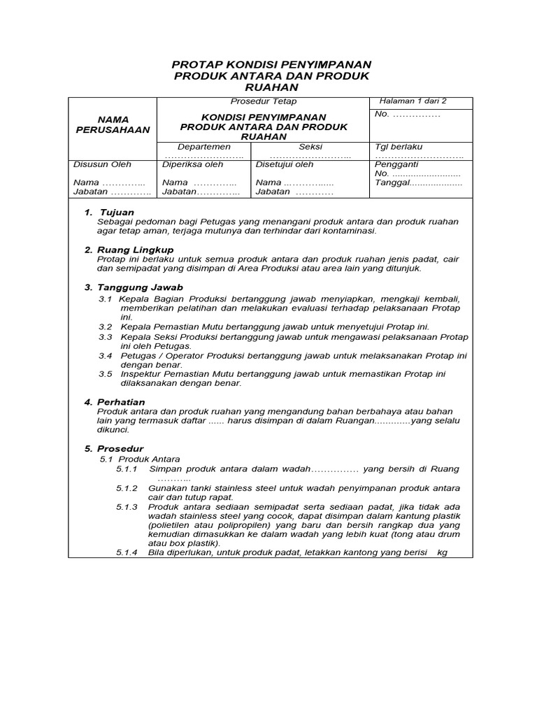 Protap Kondisi Penyimpanan Produk Antara Dan Produk Ruahan | PDF ...