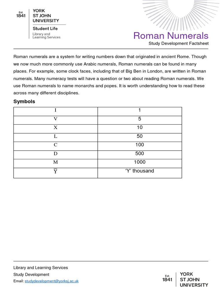 Roman Numerals Factsheet | PDF