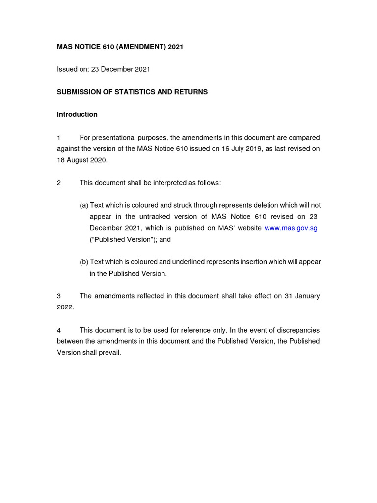 MAS Notice 610 Amendment 2021 | PDF
