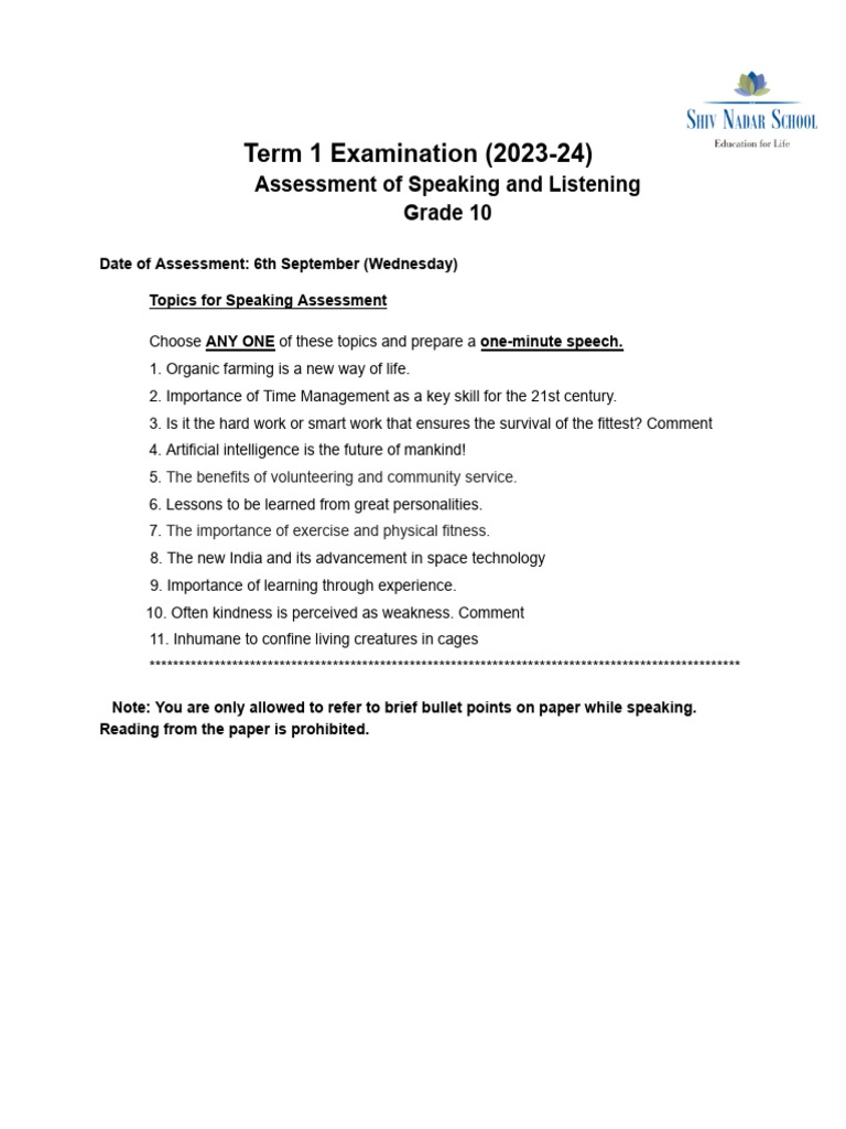 Grade 10 List of Topics For Speaking Assessment Term 1 | PDF
