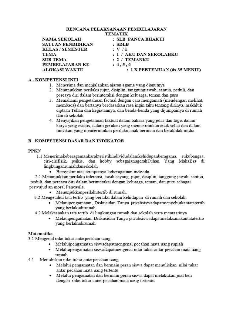 RPP TEMA 1 Sub Tema 1 | PDF