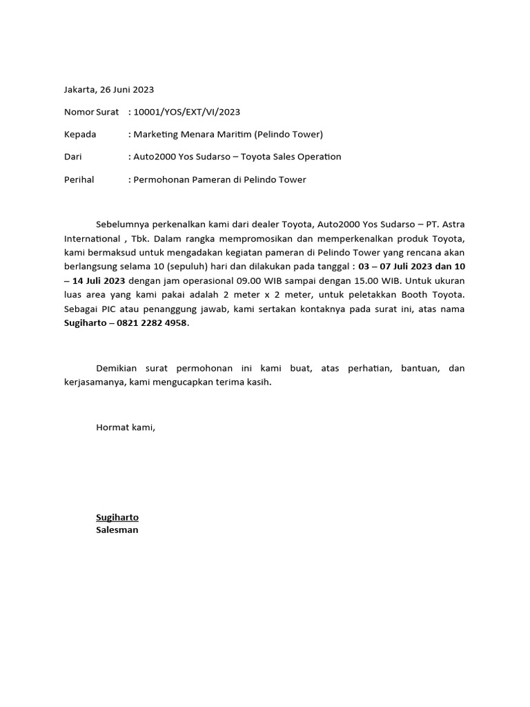 Contoh Surat Permohonan Pameran | PDF