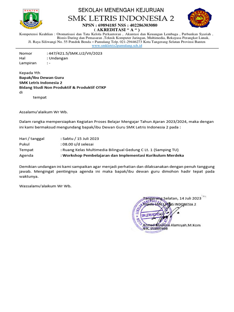 Surat Undangan Workshop Guru | PDF