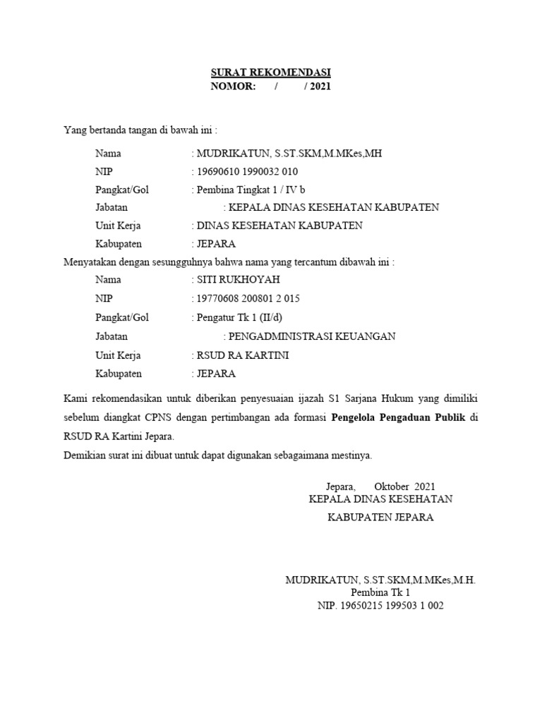 Contoh SURAT REKOMENDASI Ke DKK | PDF