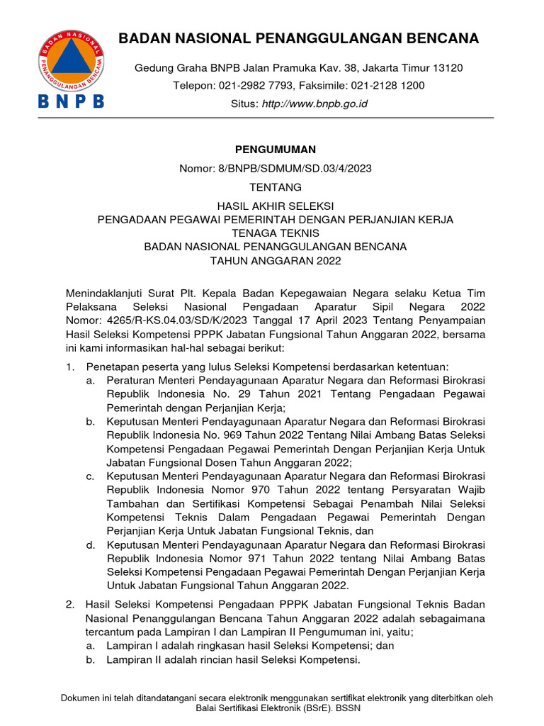 PENGUMUMAN HASIL SELEKSI PPPK BNPB TA 2022 - Sign | PDF