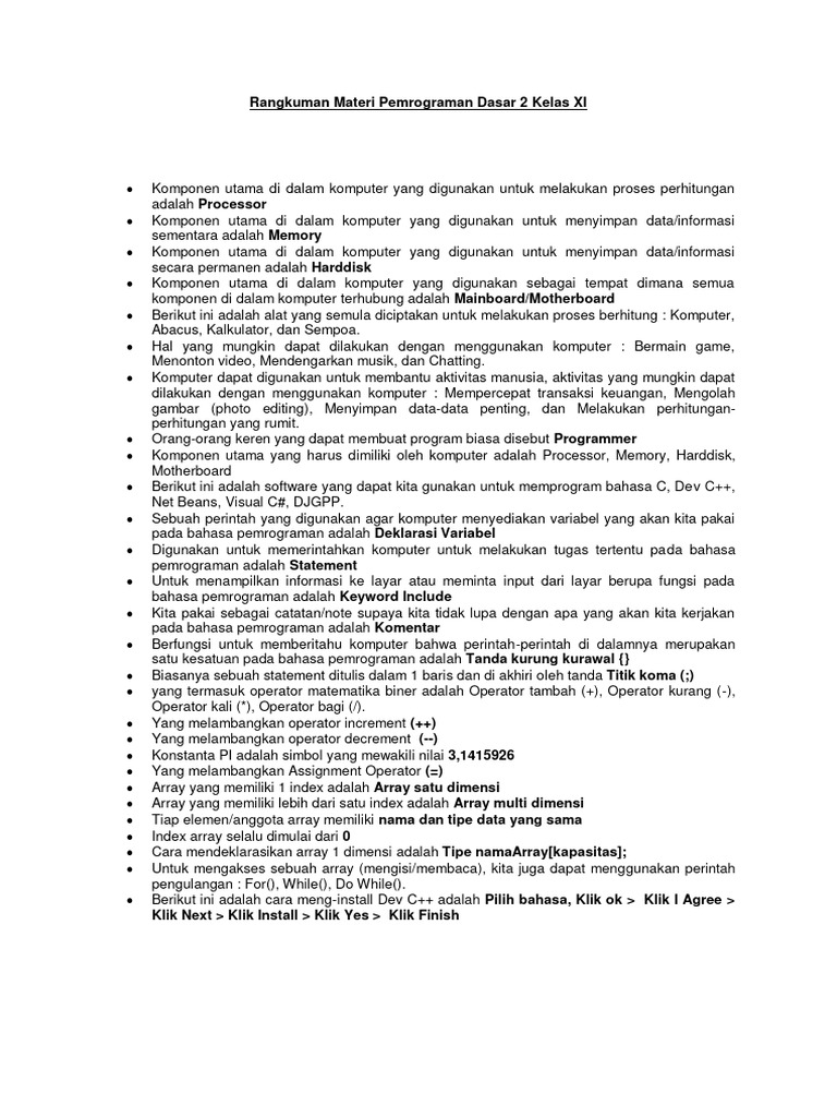 Rangkuman Materi Pemrograman Dasar 2 Kelas XI | PDF