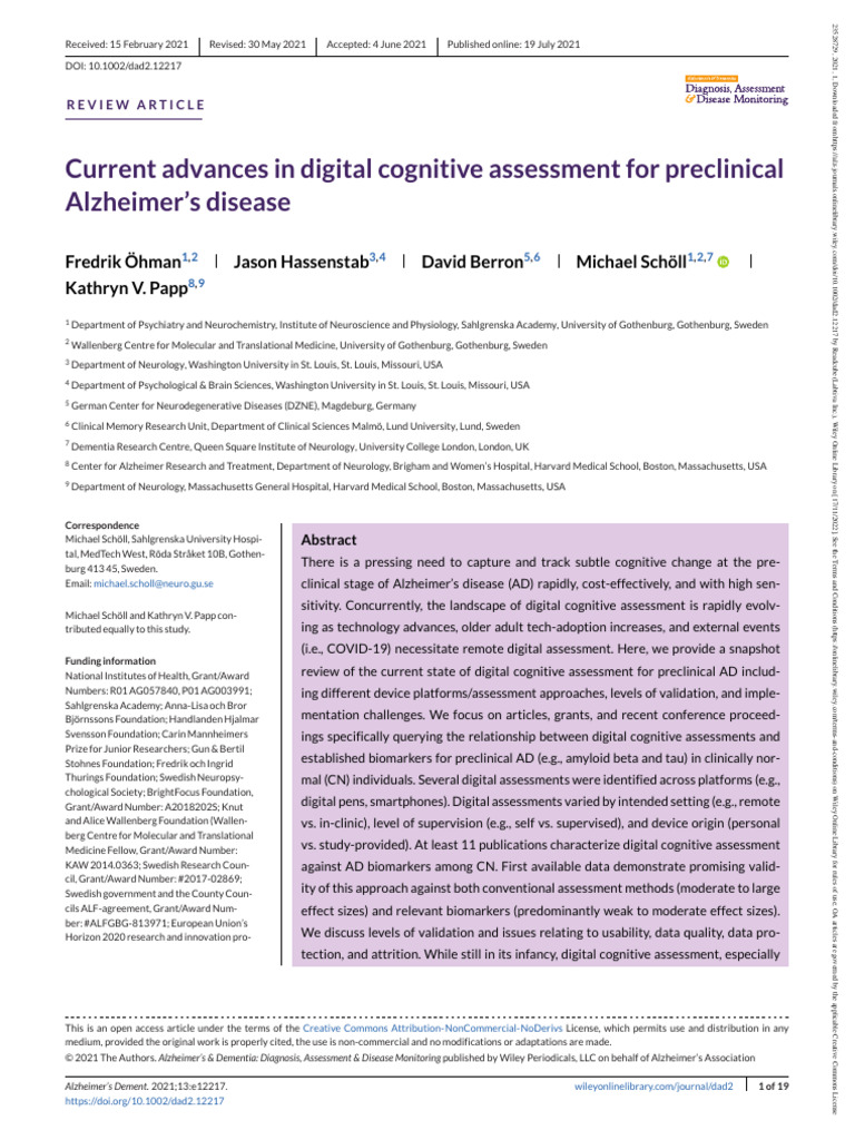 Alz Dem Diag Ass Dis Mo - 2021 - Hman - Current Advances in Digital ... Alz Dem Diag Ass Dis Mo - 2021 - Hman - Current Advances in Digital ...