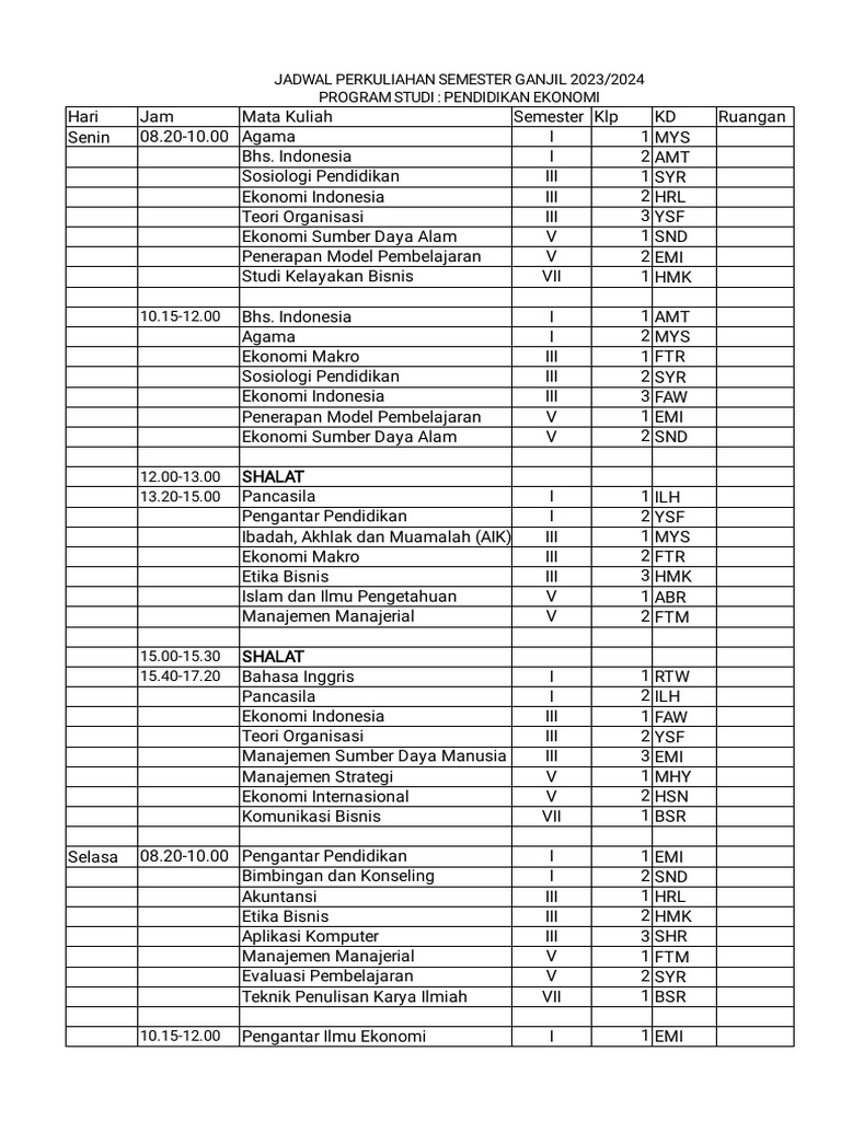 Jadwal Mata Kuliah Ganjil 2023-2024 | PDF