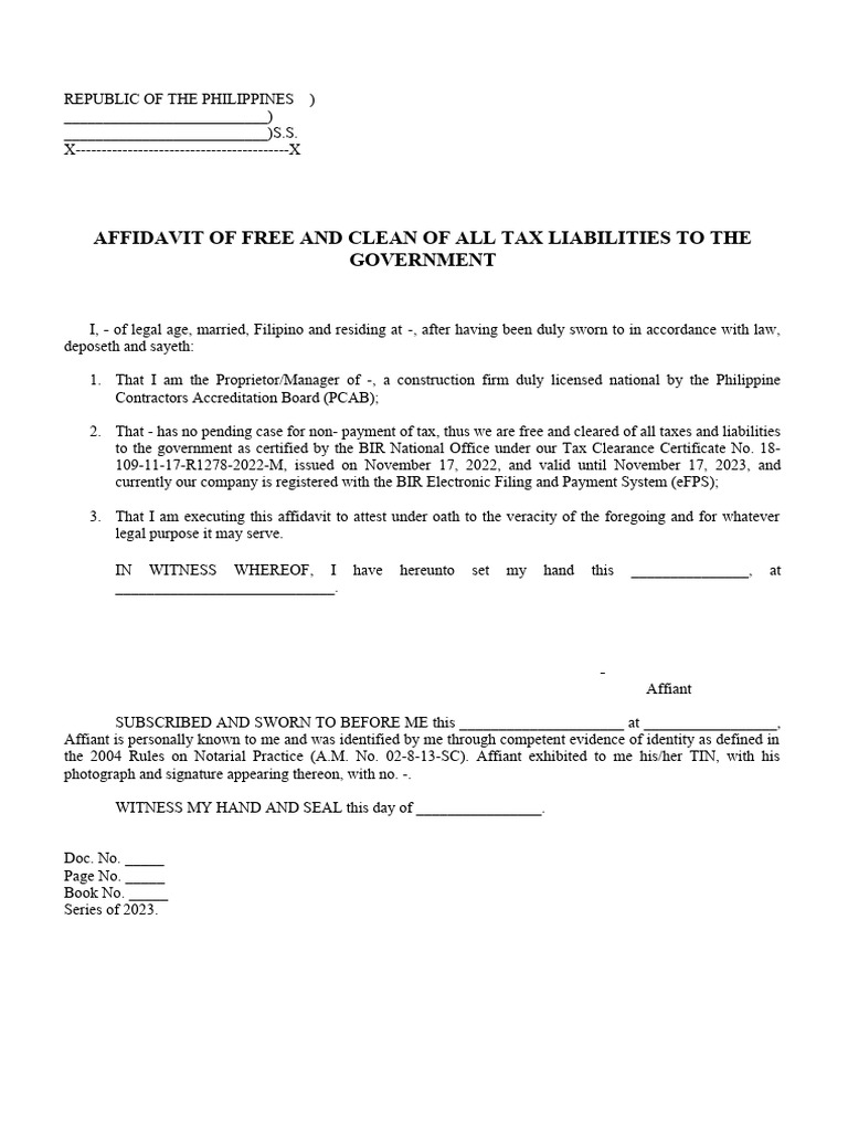 Affidavit of Free and Clean of All Tax Liabilities | PDF | Social Science