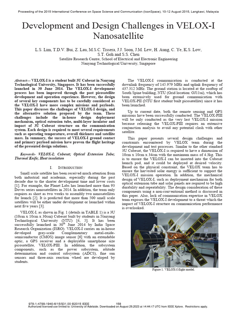 Development and Design Challenges in VELOX-I Nanosatellite | PDF | Physical Sciences