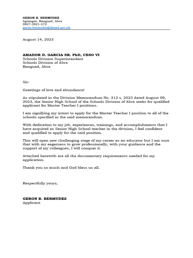 Application Letter - MT 1 | PDF