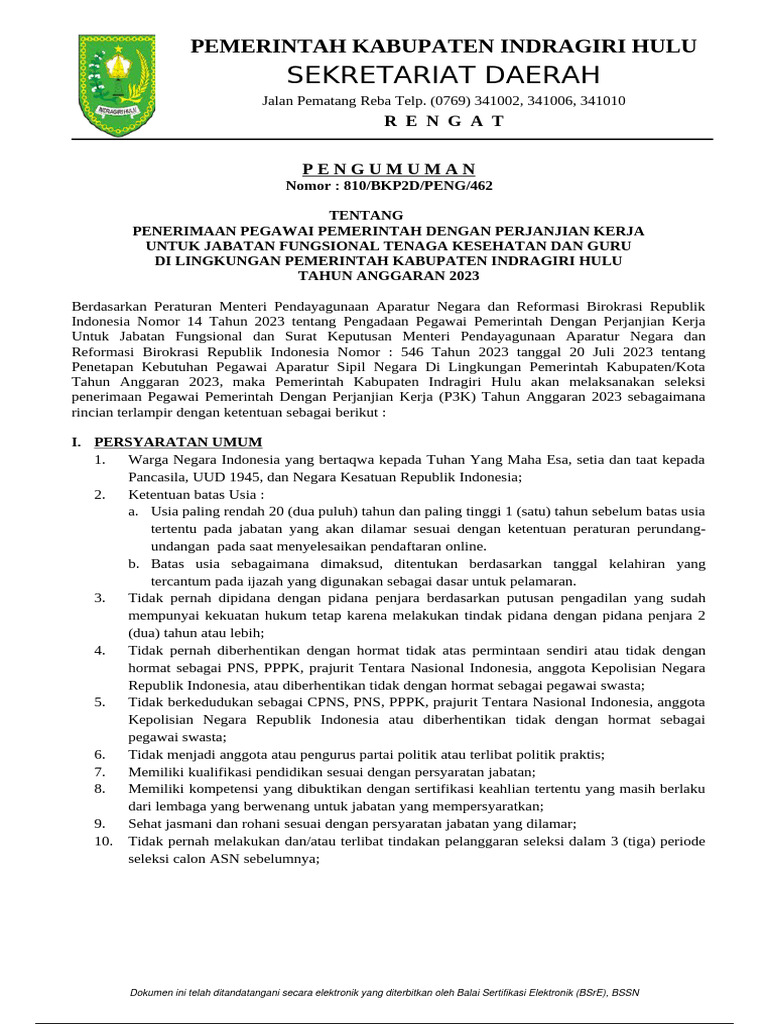 Pengumuman Penerimaan PPPK Tenaga Kesehatan Dan Guru Tahun 2023 | PDF