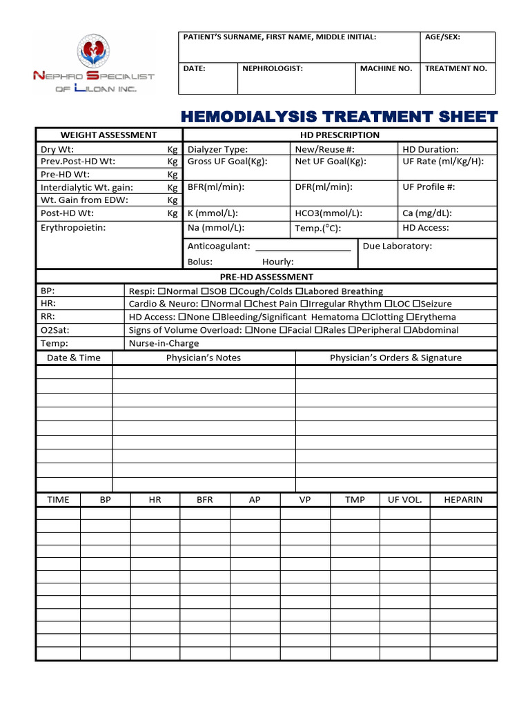 Hemodialysis Treatment Sheet | PDF