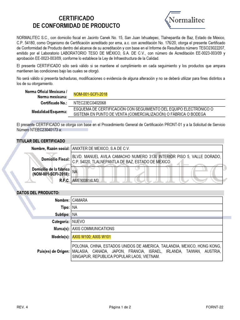 NOM-001-SCFI-2018 Cámara Axis W101_2023 | PDF