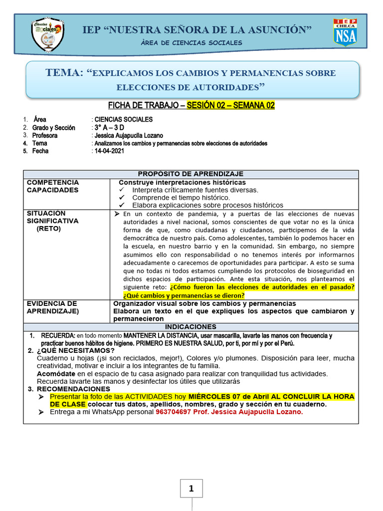 FICHA DE TRABAJO - CC - SS - Cambios y Permanencias - 3ero Sec | PDF