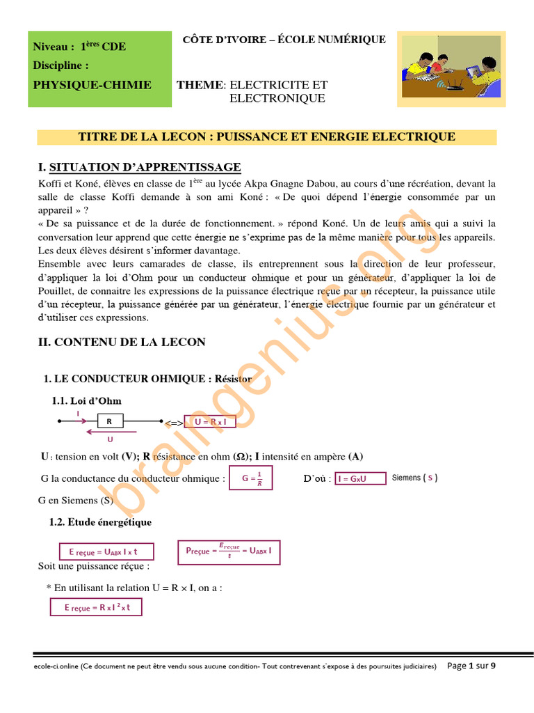 Cours de Physique + Exercices Corrigés - Premiere C, D - Puissance Et ...