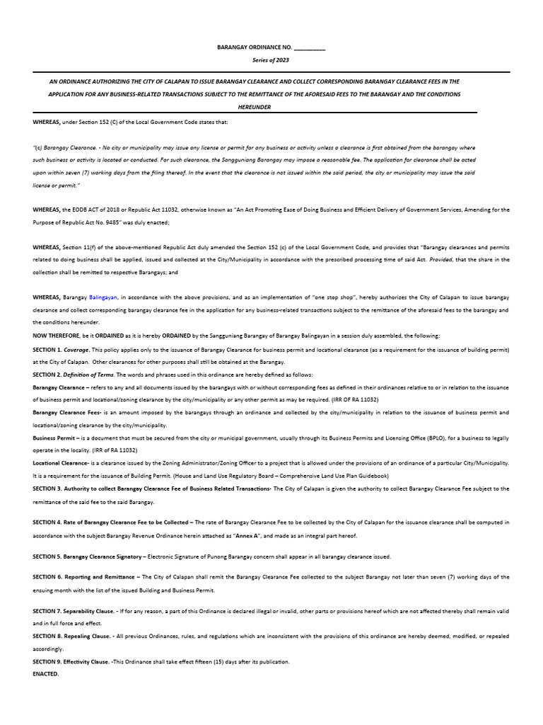 Barangay Sample Ordinance | PDF