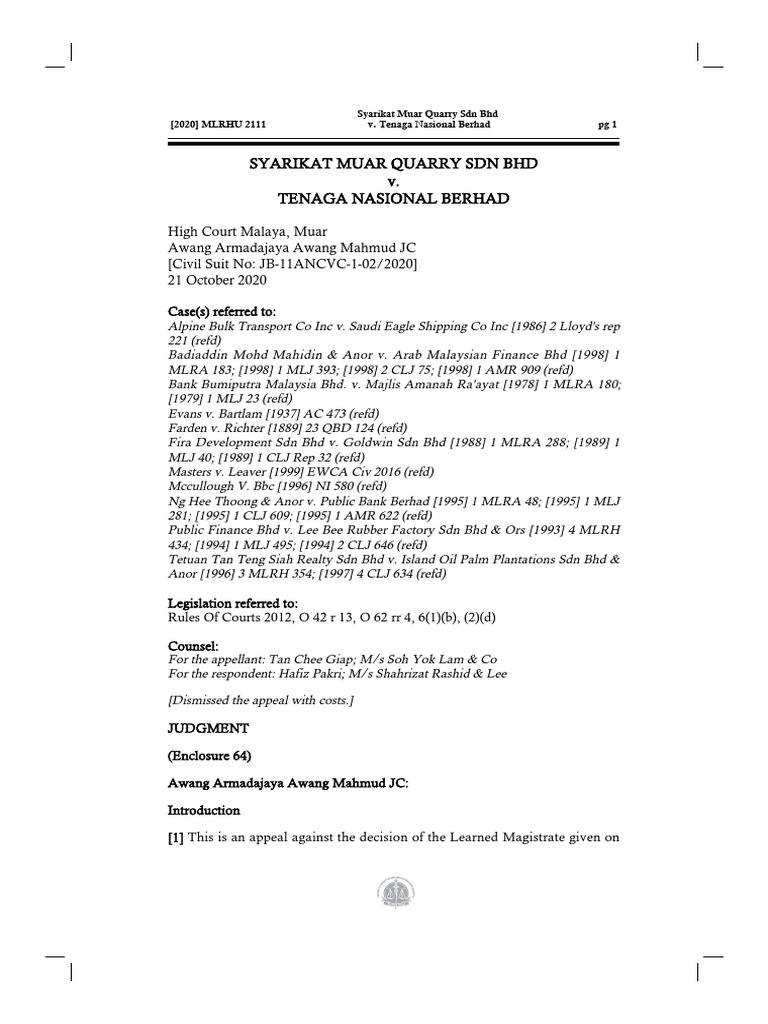 SYARIKAT MUAR QUARRY SDN BHD v. TENAGA NASIONAL BERHAD (HC) | PDF