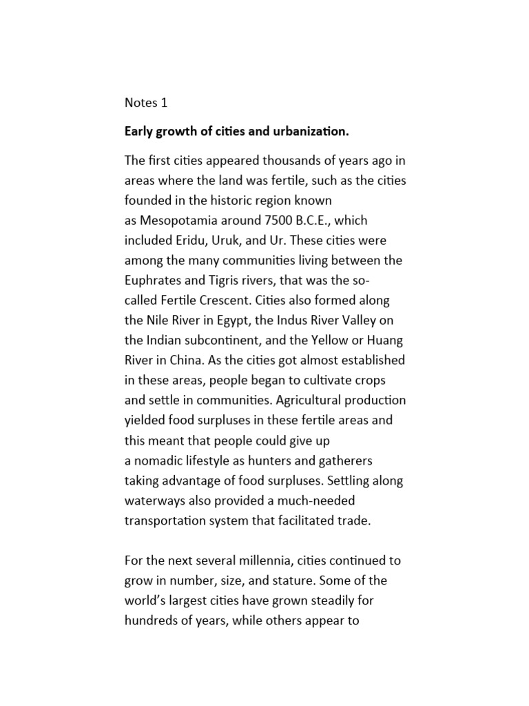 Notes 1 Early Growth of Cities and Urbanization | PDF