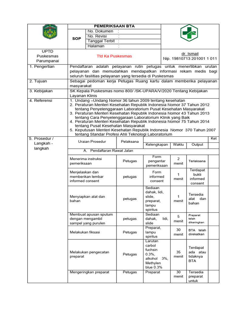Sop Pemeriksaan Bta | PDF
