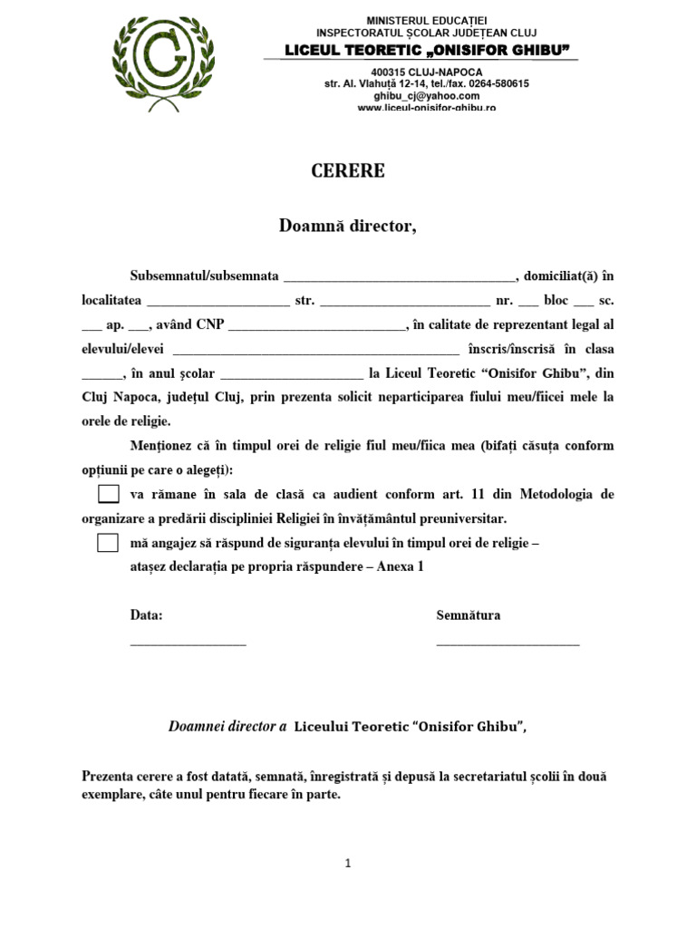 Cerere Renuntare Ore de Religie 2022 2023 | PDF