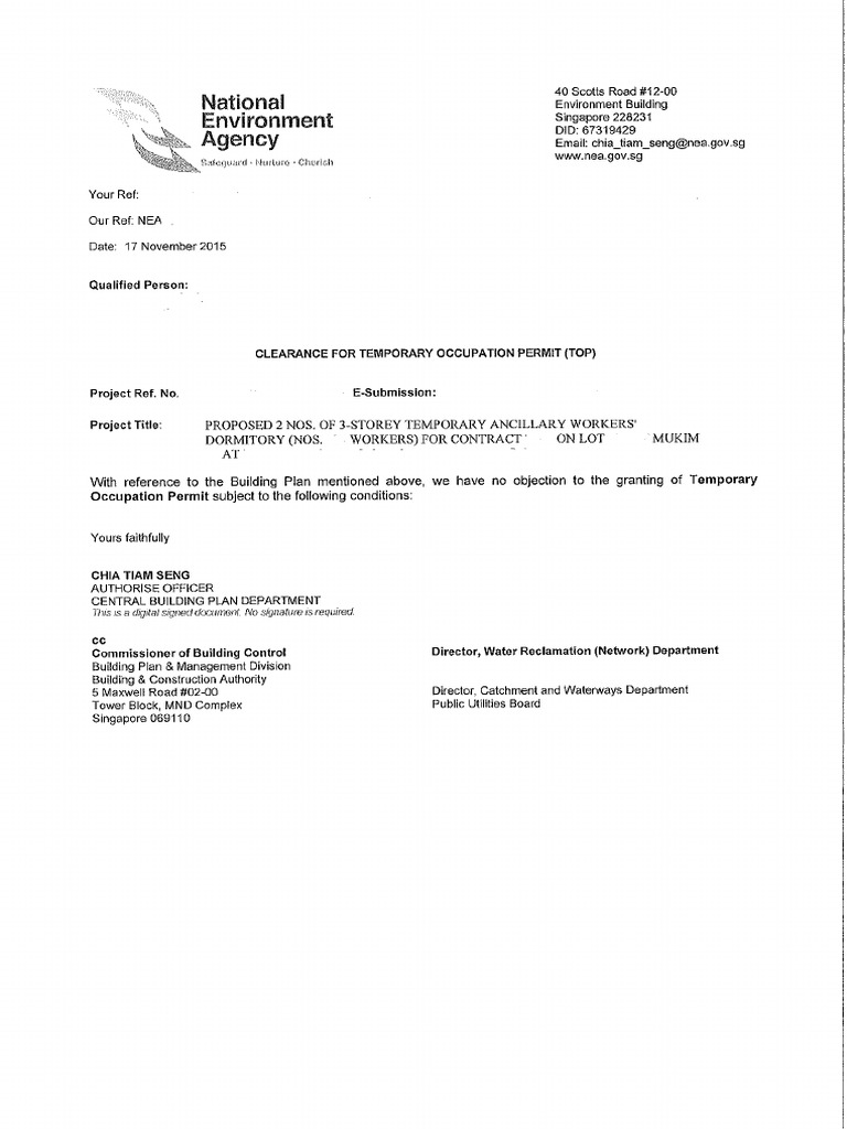 Sample Nea Clearance For Temporary Occupation Permit Top Pdf