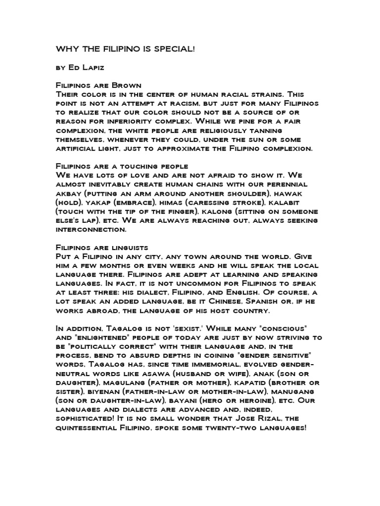 Why The Filipino Is Special? | PDF | Godparent | Tagalog Language