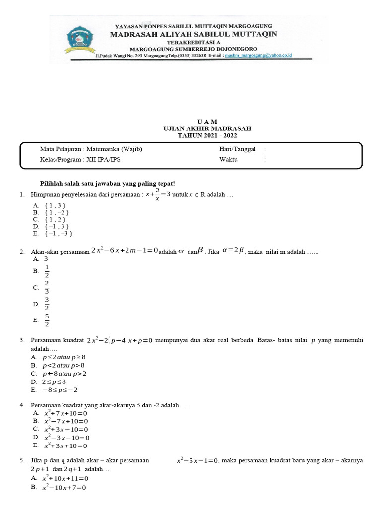 SOAL UAM Kls 12 TH 2021 2022 Umum | PDF
