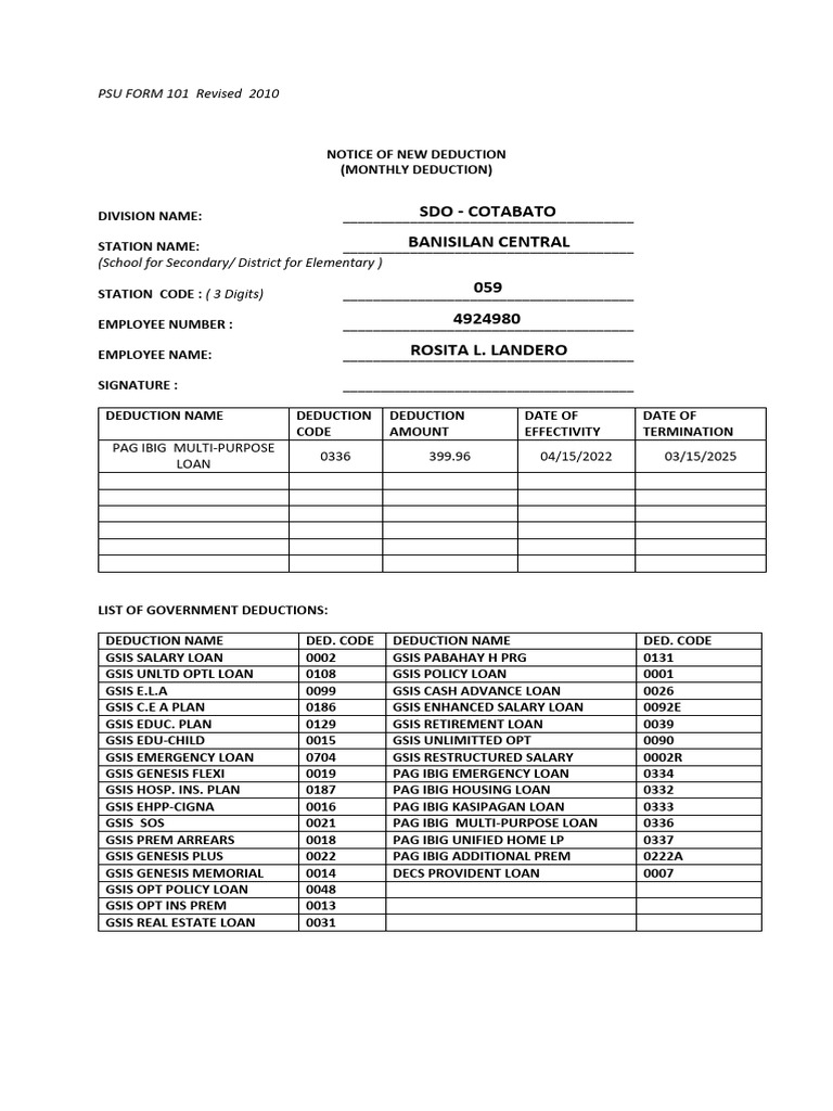 PSU FORM 101 Revised 2010-NOTICE OF NEW DEDUCTION | PDF