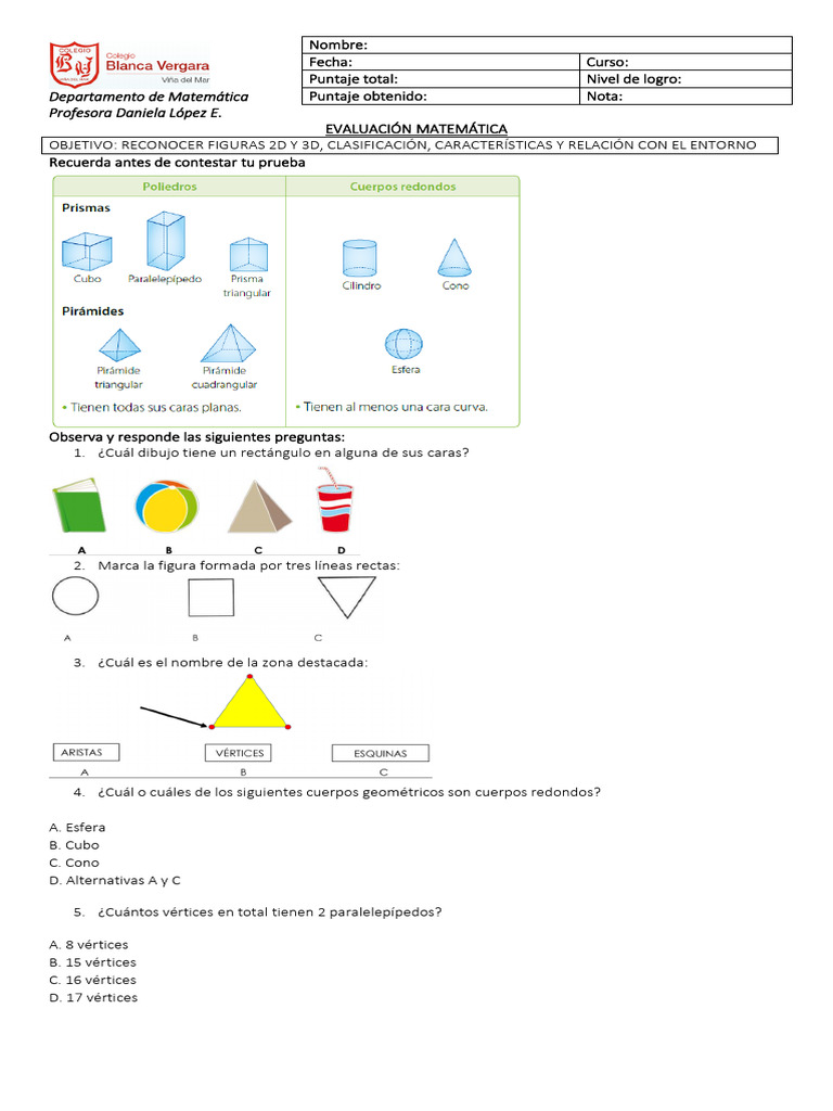 Evaluación Geometría Figuras 2D y 3D | PDF